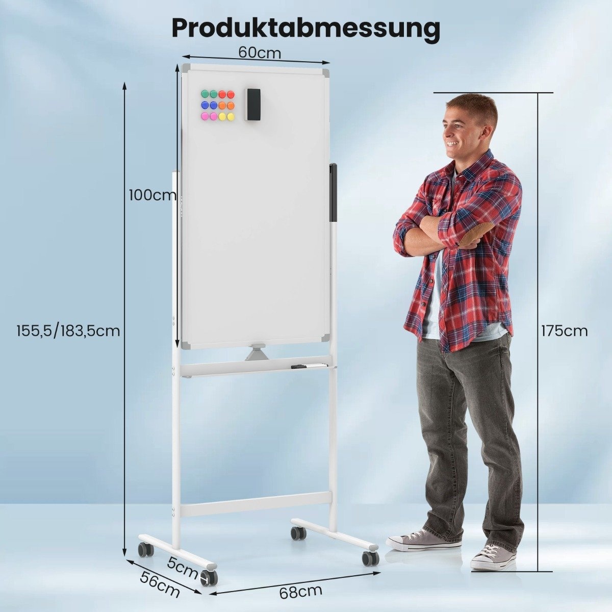 60 x 100 cm dobbeltsidet magnetisk tavle med hjul og stativ og ...