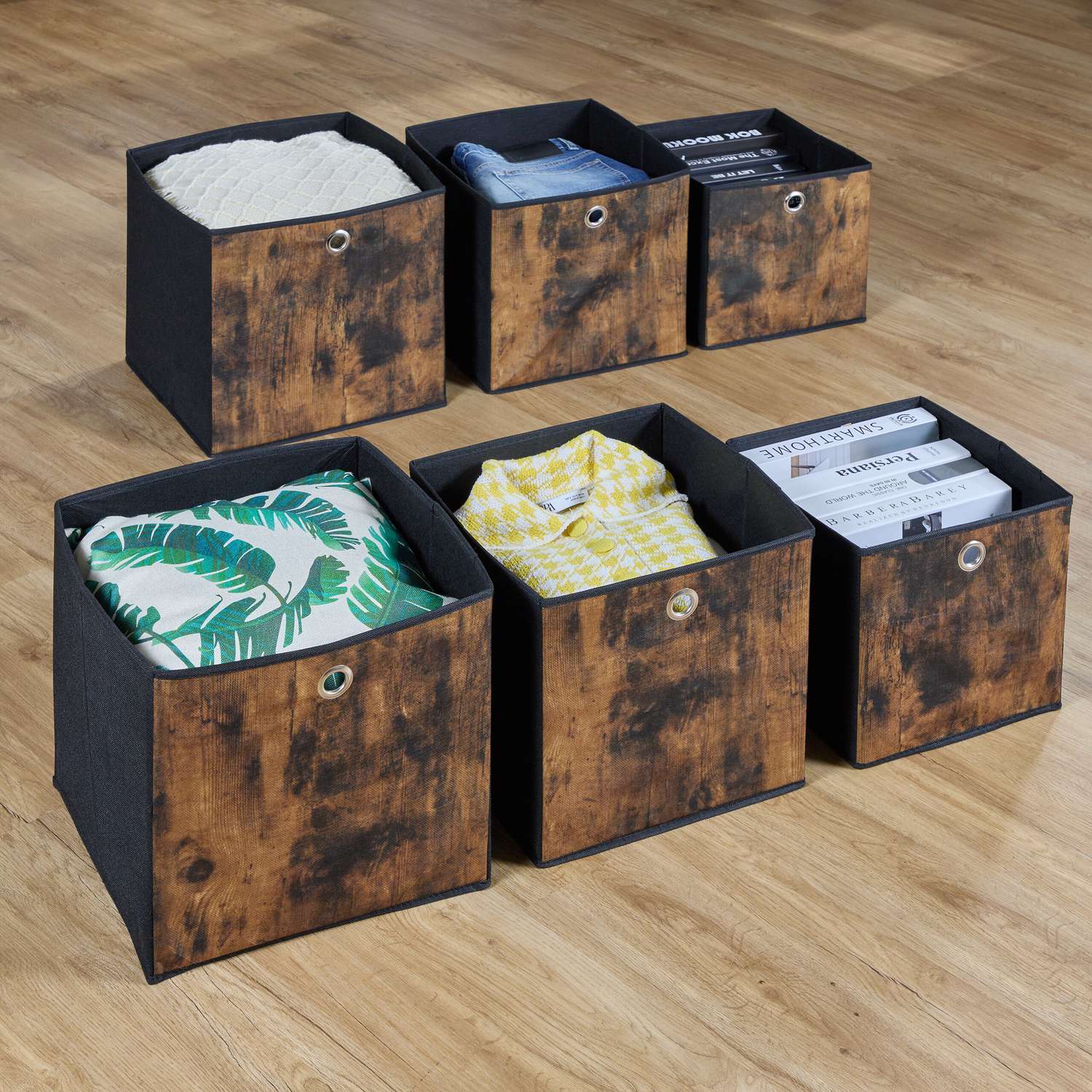 Förvaringslåda i tyg med trälook, 6-pack | CDON