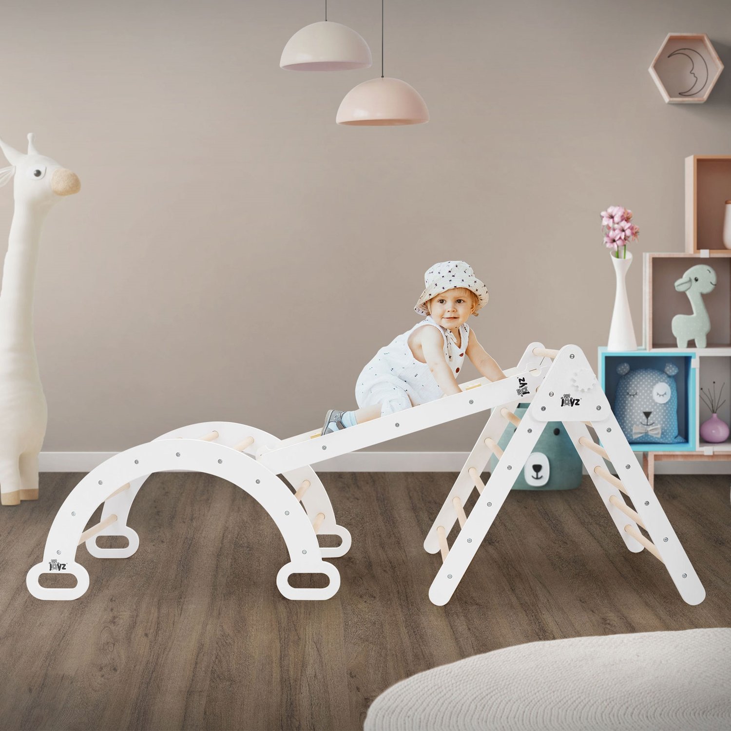 Kiipeilykolmio 3 in 1 setti 188x52x70 cm luonnonpuusta sis. liukumäen ja kiipeilykaaren Joyz | CDON