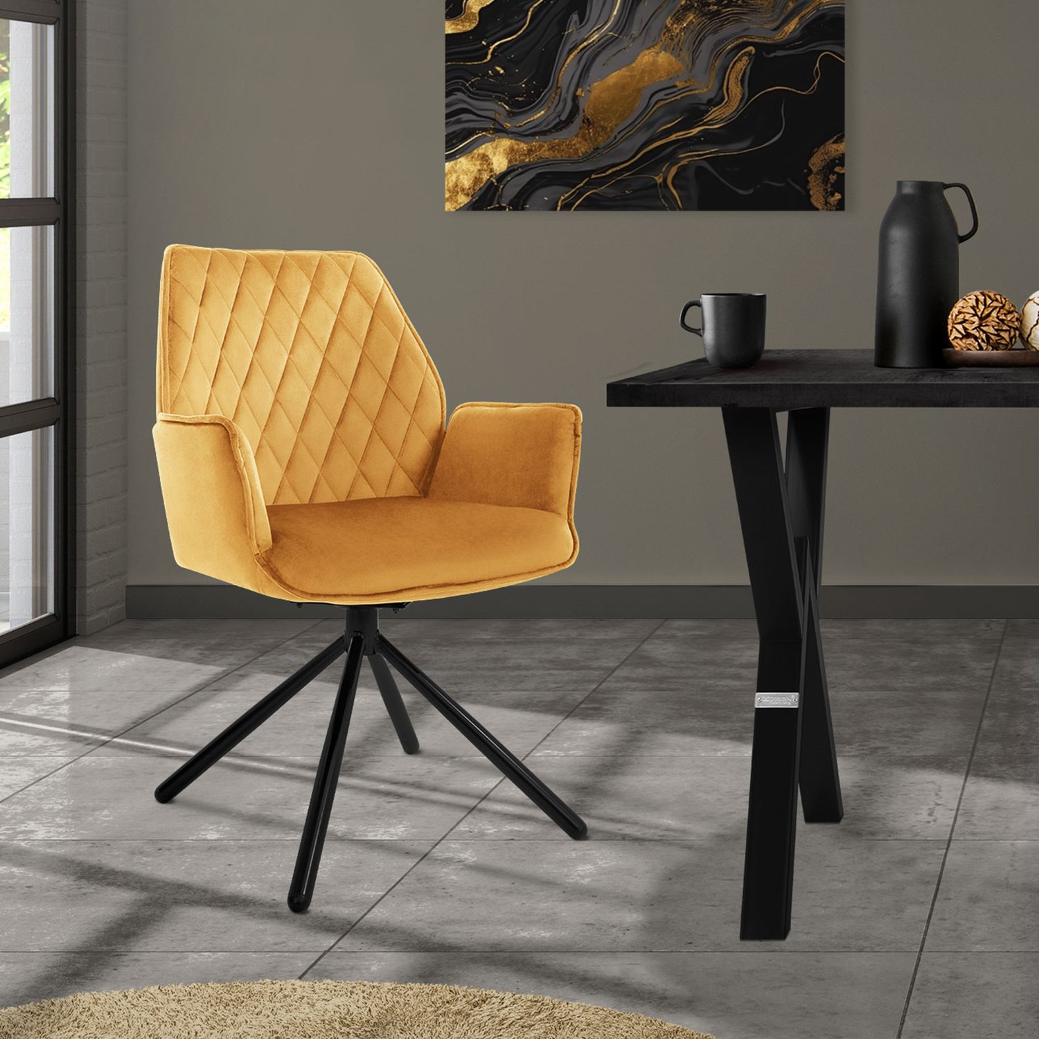 Snurrbar matstol med armstöd & ryggstöd senapsgul sammet ML design | CDON