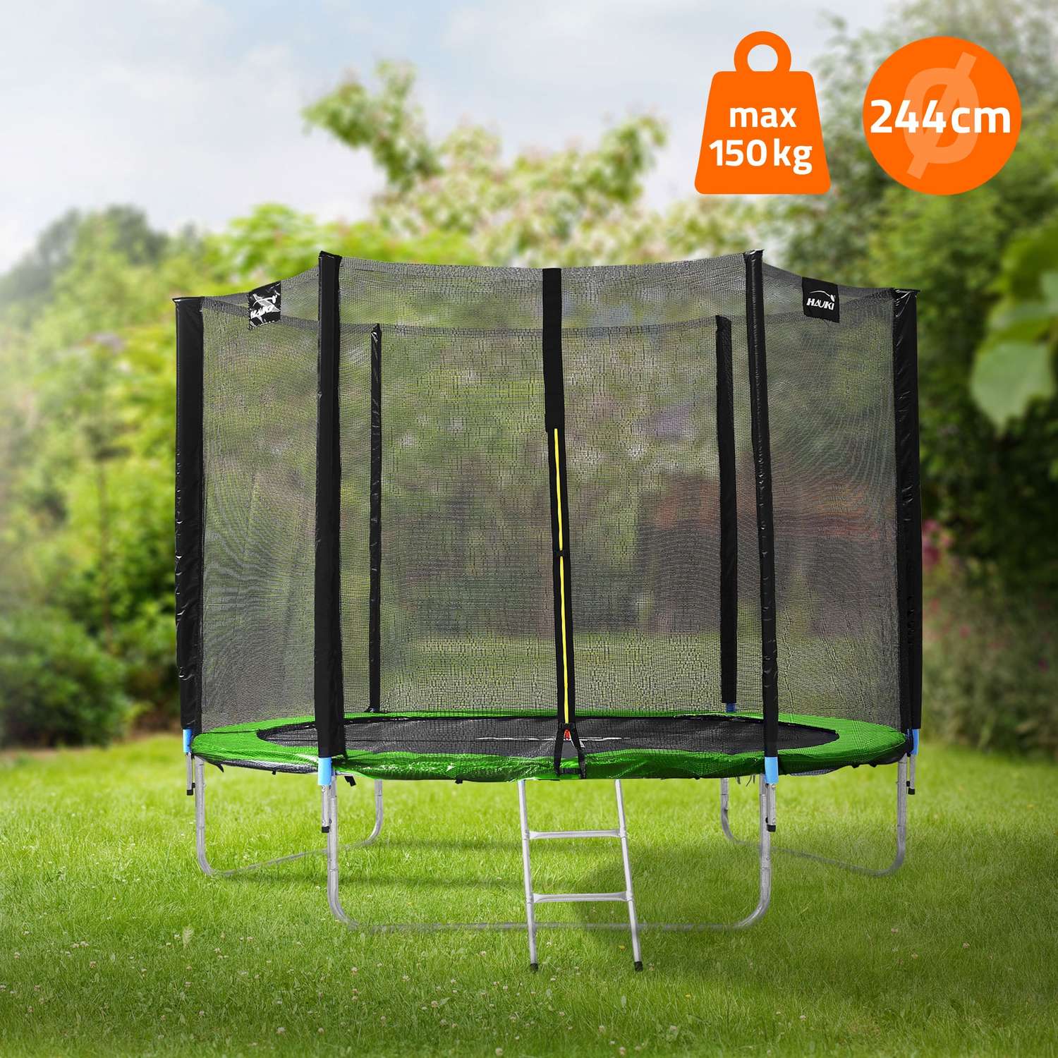 Trampolin Ø244 cm med skyddsnät, stege och vadderade stolpar Grön upp ...
