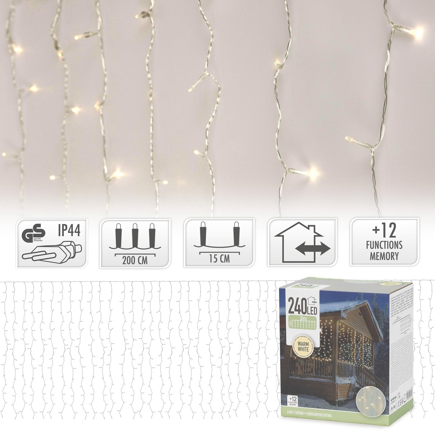 ECD Germany LED-valoverho, 2x1,5m, valkoinen PVC, 240 lämmin valkoinen ...