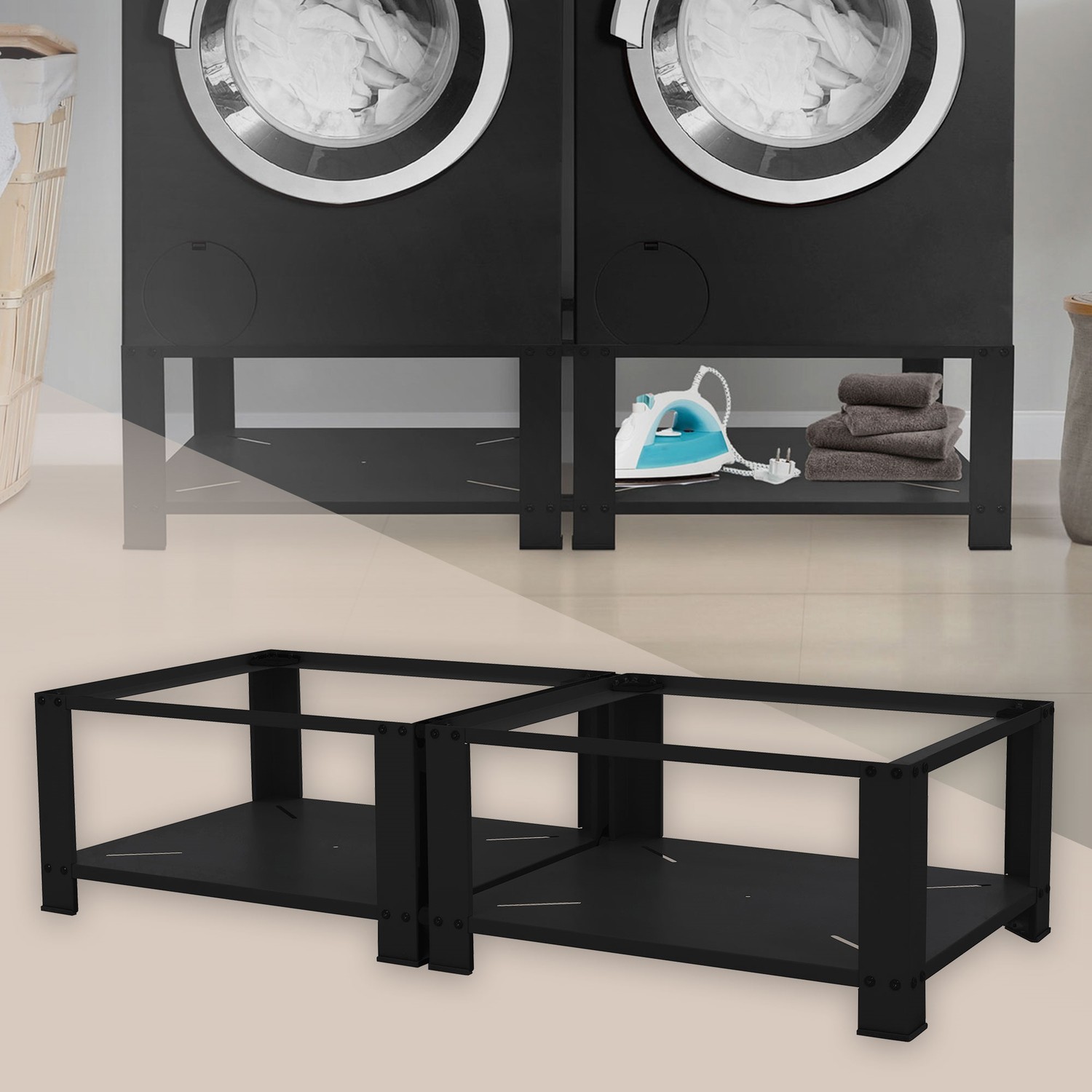 ML-Design Doppel Vaskemaskine Understel med 2 Hylder; Sort 128x54cm ...
