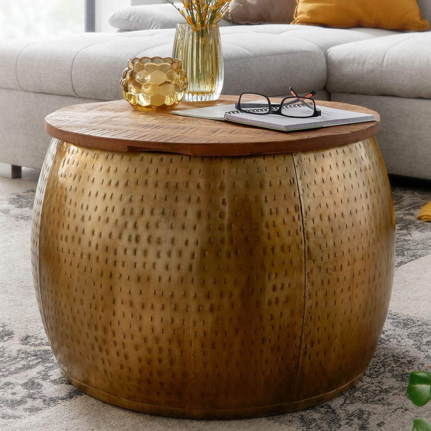 Rootz sofabord mango massivt træ metal 60x60x40 cm guld rundt med ...